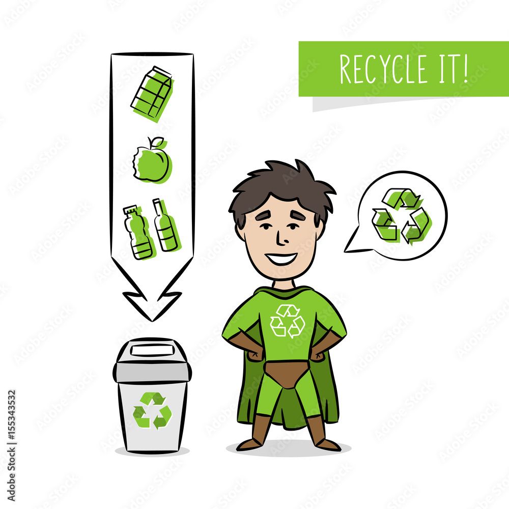 Superhero with recycle sign vector illustration. Recycling creative ...