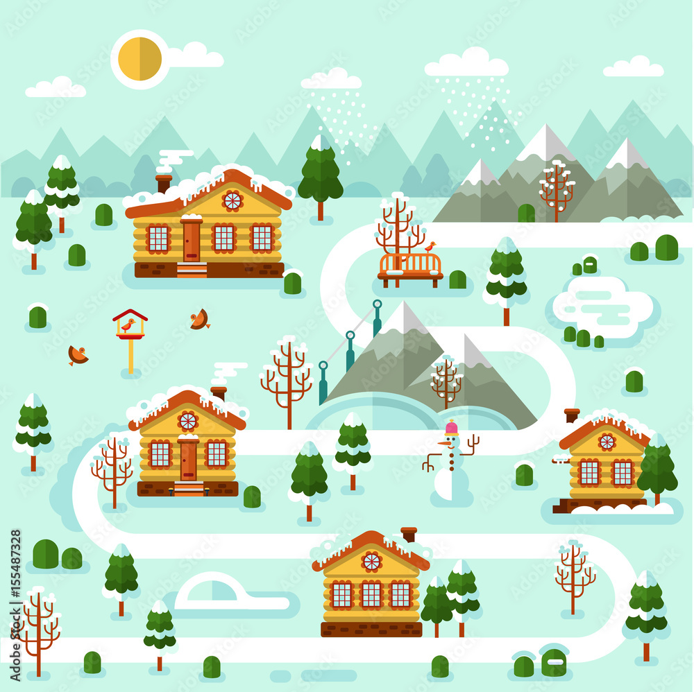 Flat design vector winter illustration of ski resort map. Included ...