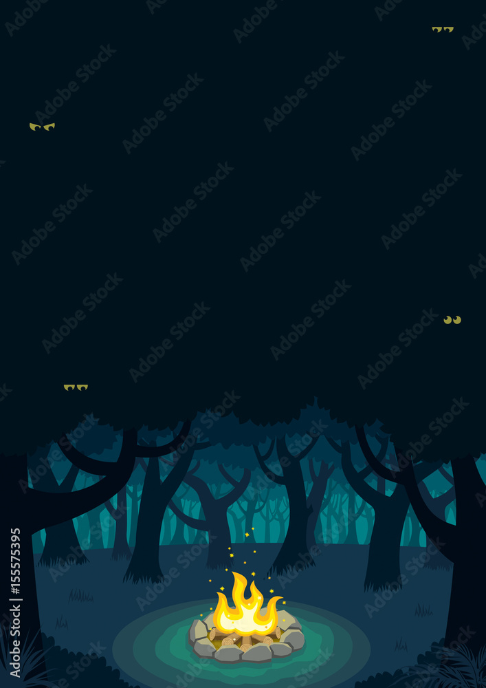 Forest Campfire Poster / Cartoon illustration of forest campfire with ...