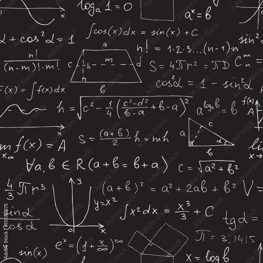 Vector seamless math pattern. Chalk mathematical symbols on black ...