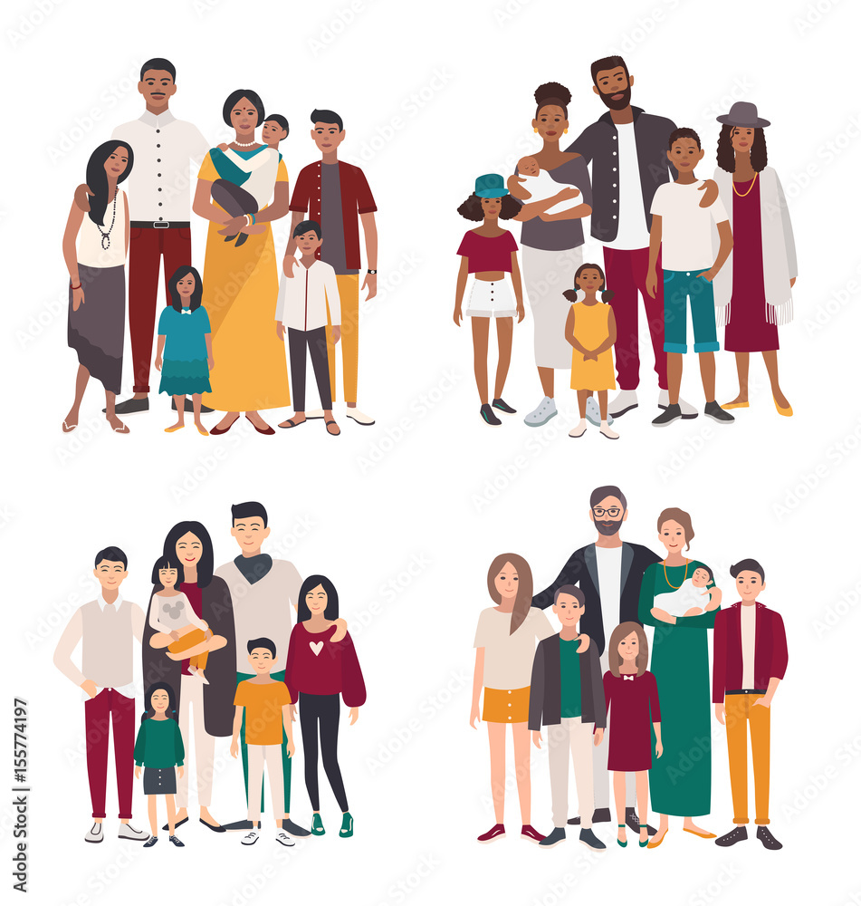 Set of large family portrait. Different nationalities african, indian ...