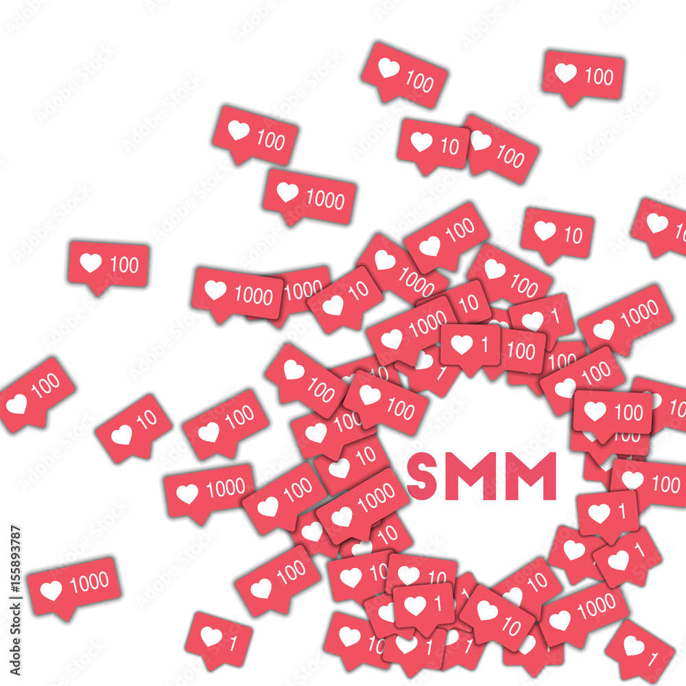 SMM. Social media icons in abstract shape background with pink counter ...