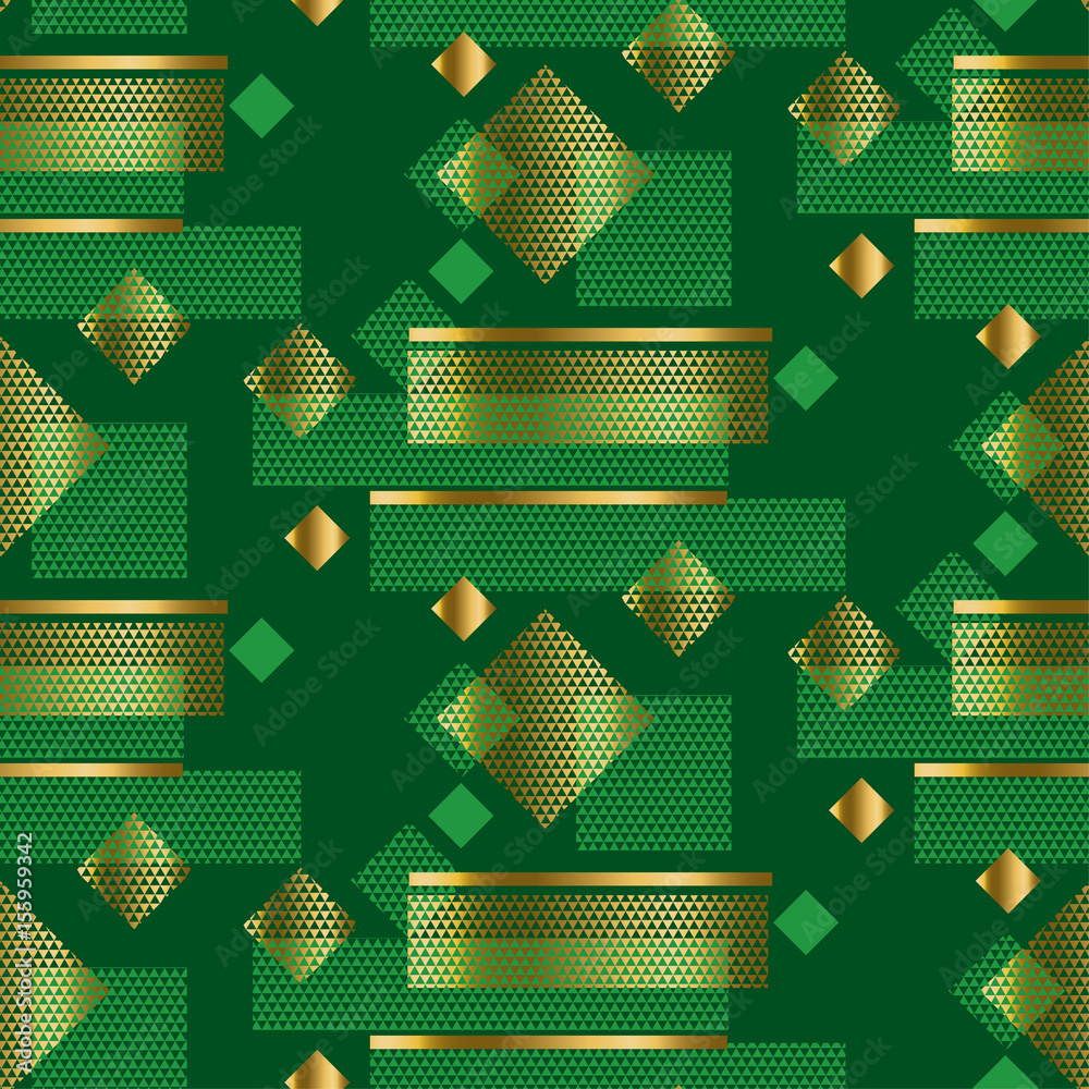 Geometry modern style seamless pattern with deep green color and gold ...