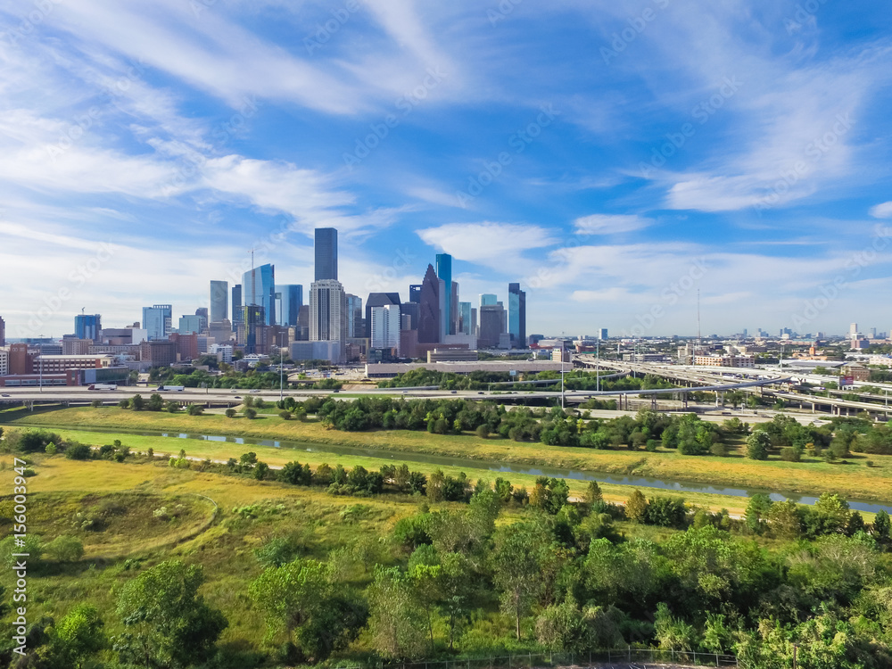 Aerial view Downtown with Interstate 10, 45 and Gulf freeway ...