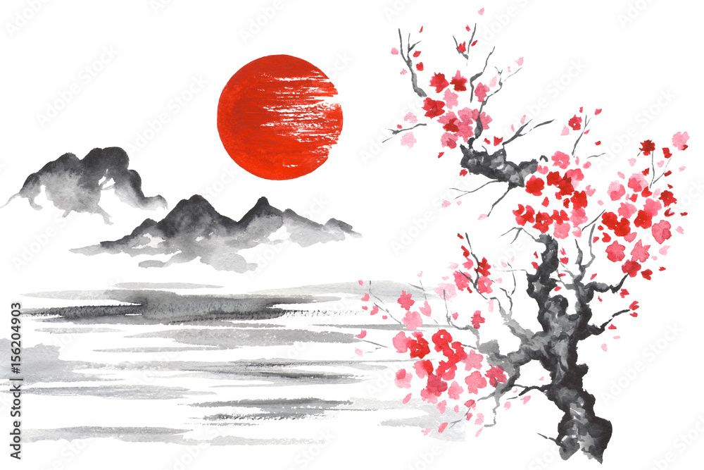 Japan Traditional japanese painting Sumi-e art Sun Mountain Sakura Lake ...
