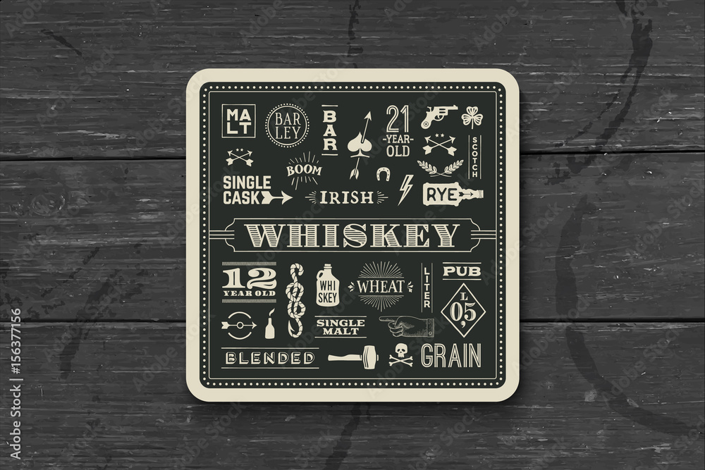 Coaster for whiskey and alcoholic beverages. Vintage drawing for bar ...