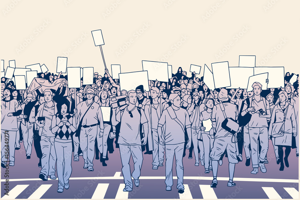 Illustration of peaceful crowd protest with blank signs in high detail ...