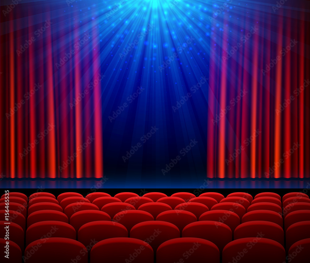 Empty theater stage with red opening curtain, spotlight and seats ...