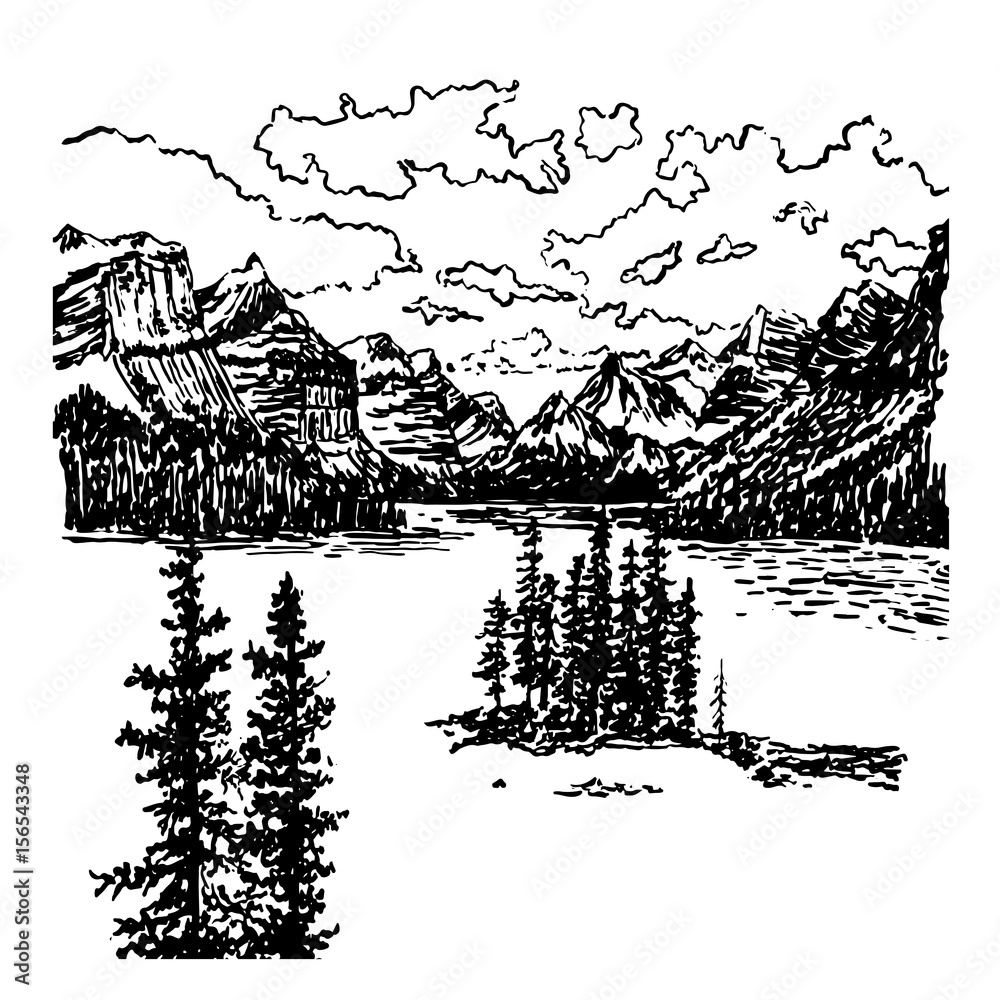 background view of mountain landscape with alpine lake and spruce ...