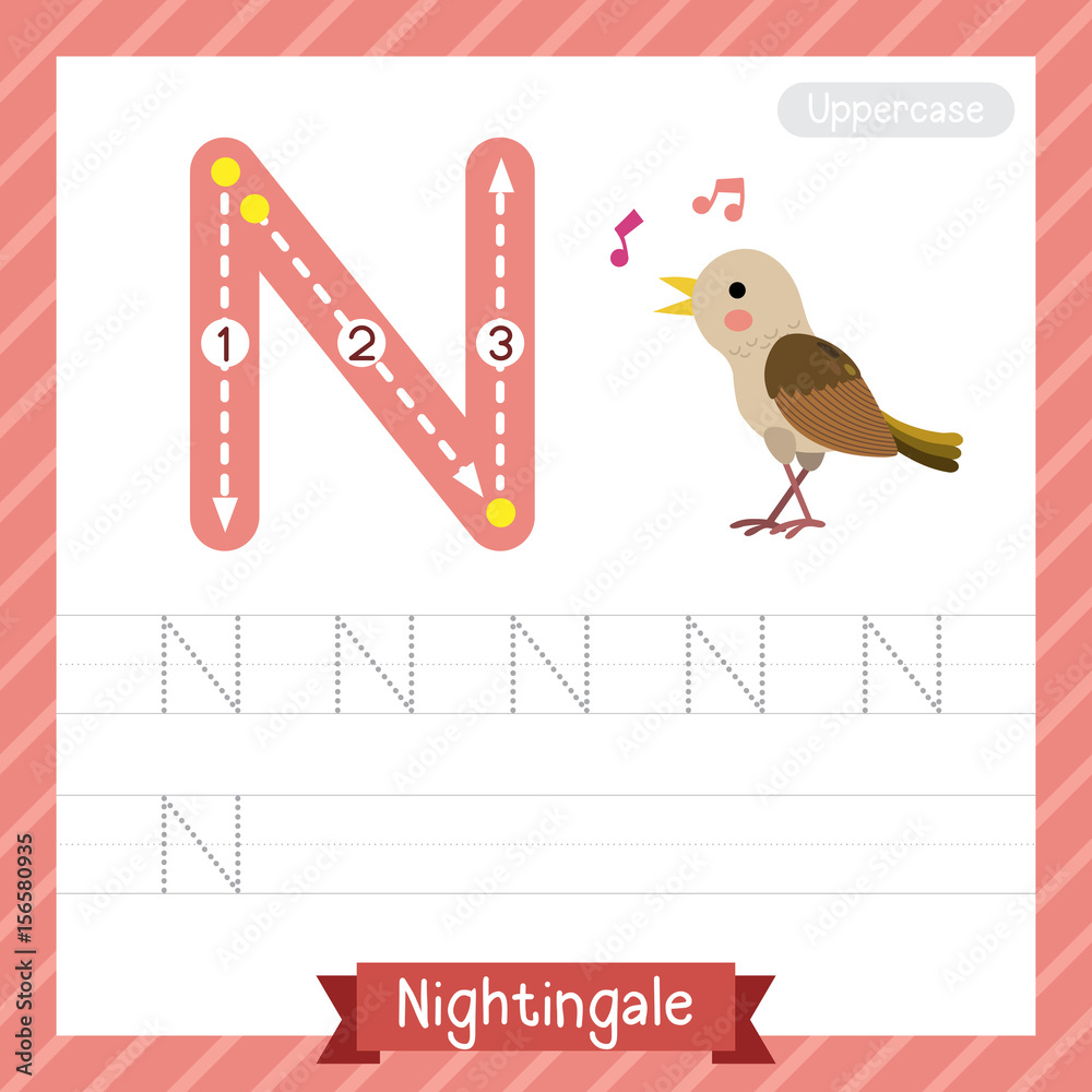 Letter N uppercase tracing practice worksheet with nightingale for kids ...