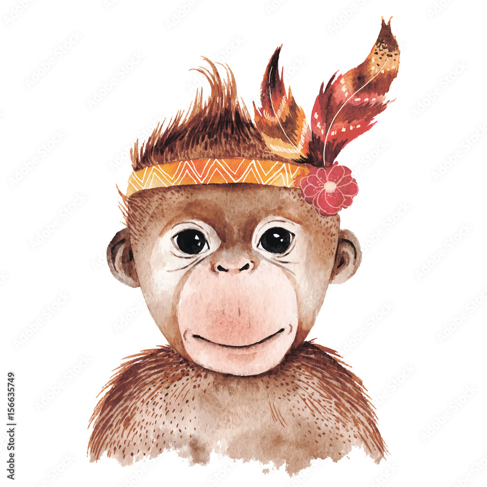 Watercolor monkey portrait Stock Vector | Adobe Stock