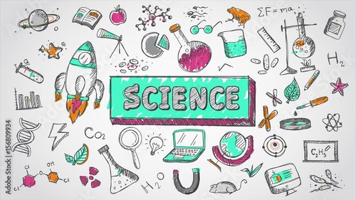 Doodle cartoon animation of science, chemistry, physics, astronomy and ...