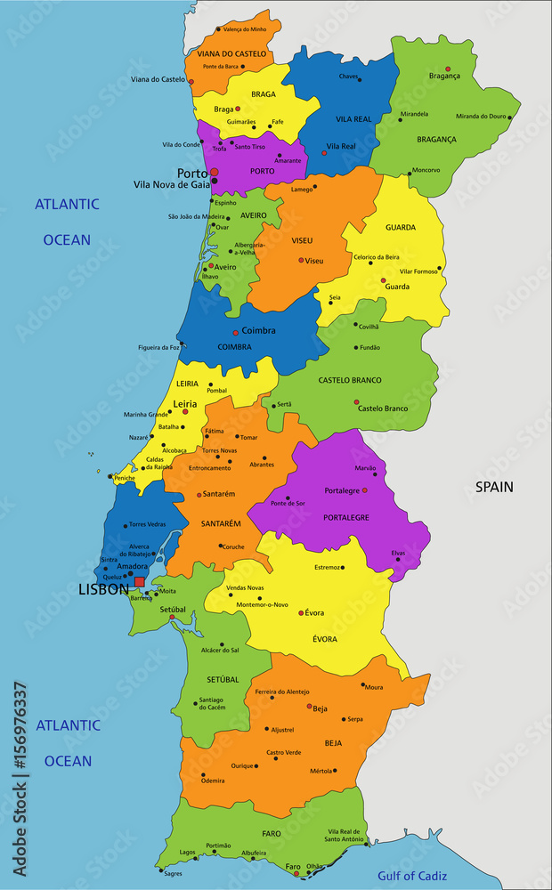 Colorful Portugal political map with clearly labeled, separated layers ...