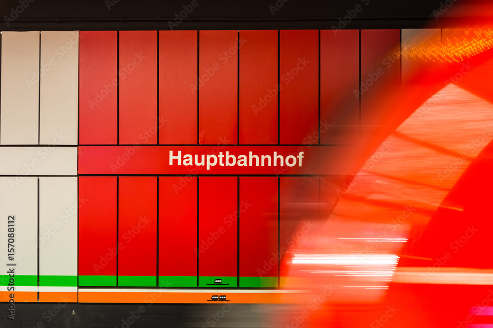 Hauptbahnhof German Train Station Sign Red Motion Blur Wagon Passing ...