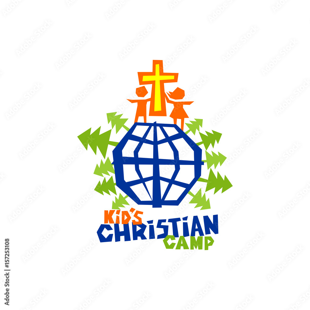 Logo of kid's Christian camp. The cross of Jesus, children and the ...