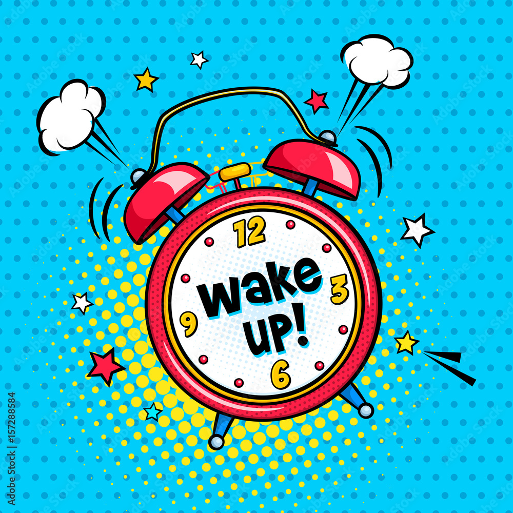 Background with red comic alarm clock ringing and expression wake up ...