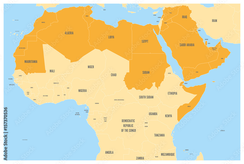 Arab World states political map with orange higlighted 22 arabic ...