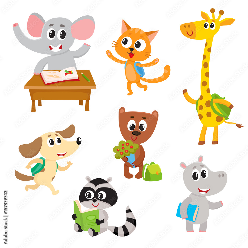 Cute little animal students, characters studying, reading, going to ...