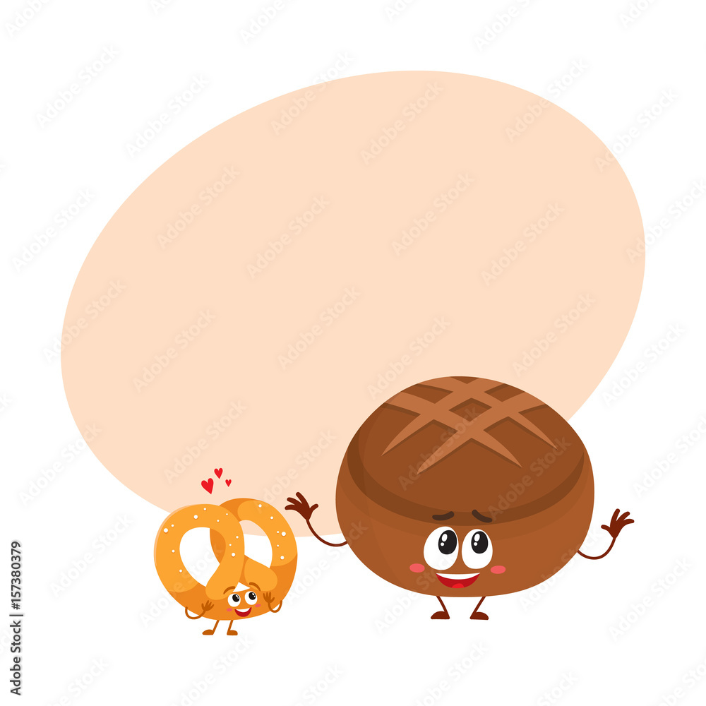 Couple of smiling German pretzel and brown bread, bakery characters ...