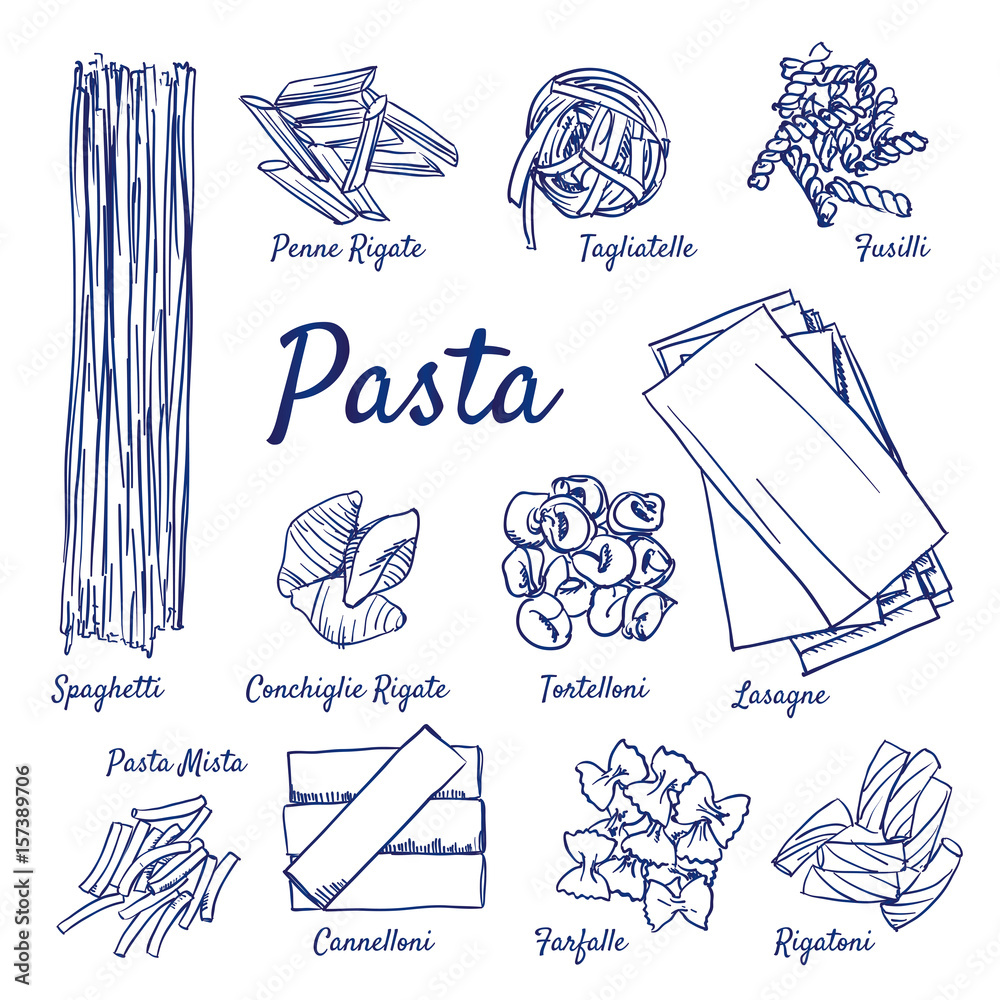 Doodle set of Pasta - Penne, Tagliatelle, Fusilli, Spaghetti ...