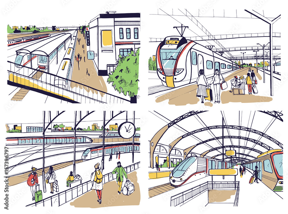 Set of sketches with railway station. Passengers on platform, waiting ...