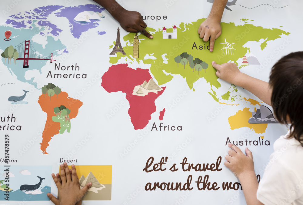 Kids Learning World Map with Continents Countries Ocean Geography Stock ...