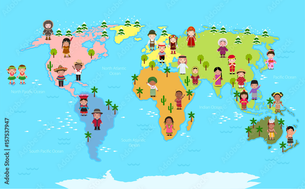 World map and kids of various nationalities Stock Vector | Adobe Stock