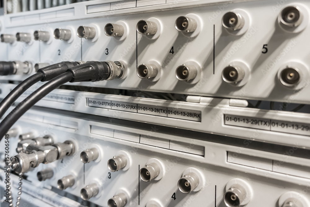 Coaxial cable plugged into BNC interface port of communication ...