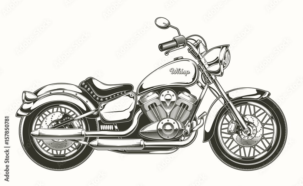 Vector illustration of hand-drawn vintage motorcycle. Classic chopper ...