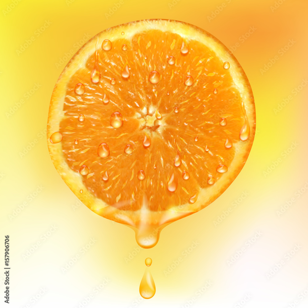 Orange slice with drops of juice. Orange juice drips. An element for ...