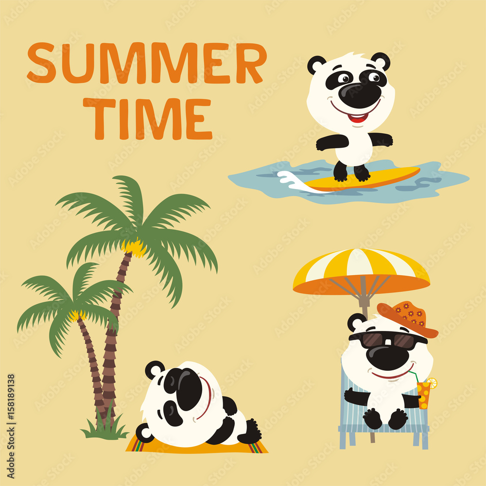 Summer time. Set happy panda bear resting on beach. Collection cartoon ...