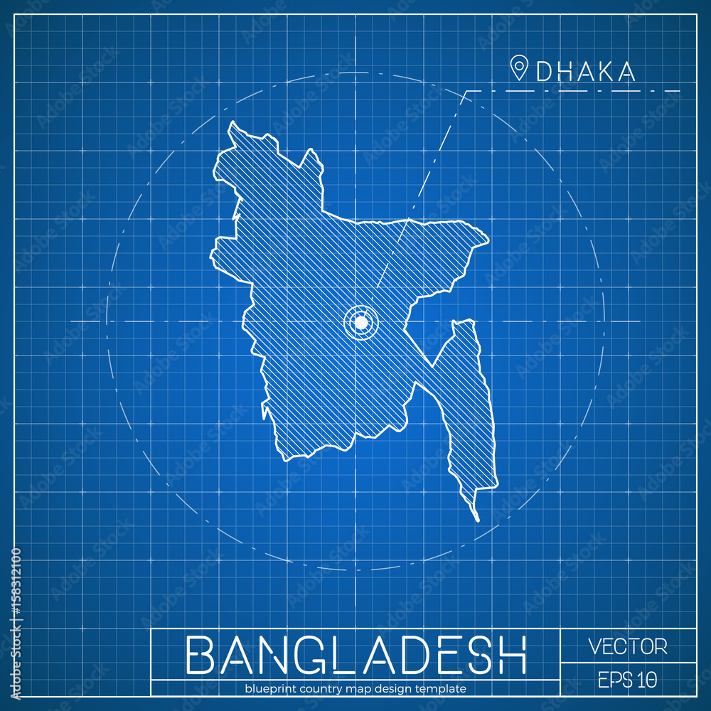 Bangladesh blueprint map template with capital city. Dhaka marked on ...