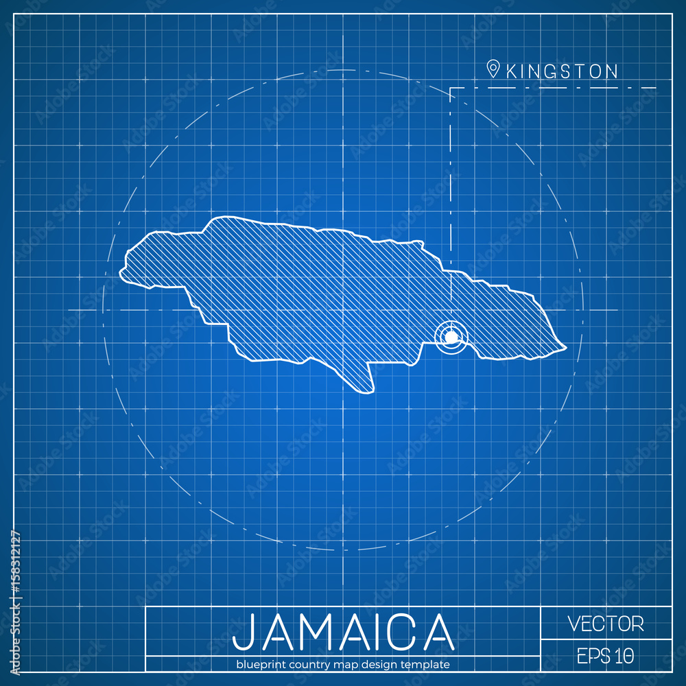Jamaica blueprint map template with capital city. Kingston marked on ...