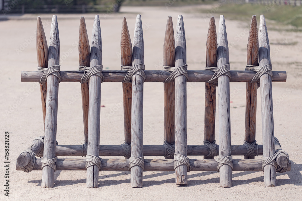 vintage movable sharp wooden fence or barrier at Gyeongbokgong Palace ...