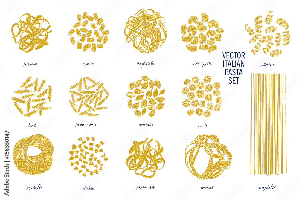 Different kinds of Italian pasta with names. Fettucine, conchiglie ...