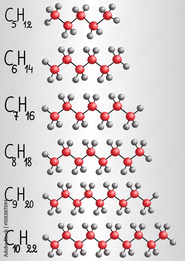 Image vectorielle Stock Chemical formula and molecule model Pentane C5H12, Hexane C6H14, Heptane ...