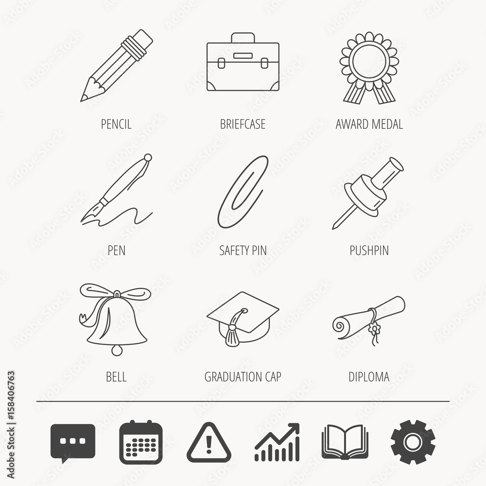 Graduation cap, pencil and diploma icons. Award medal, briefcase and ...
