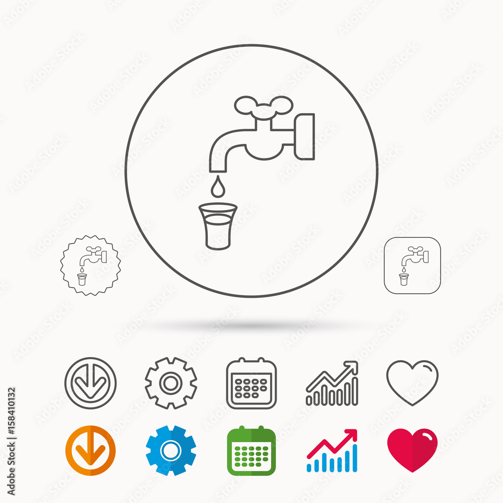 Save water icon. Crane or Faucet with drop sign. Calendar, Graph chart and Cogwheel signs ...