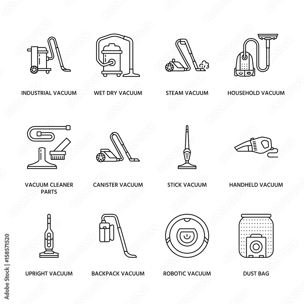 Vacuum cleaners colored flat line icons. Different vacuums types ...