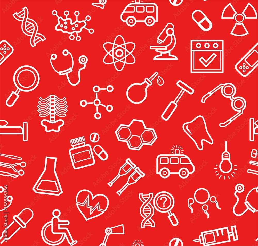 Medicine, red background, seamless, contour icons, vector. White, line ...