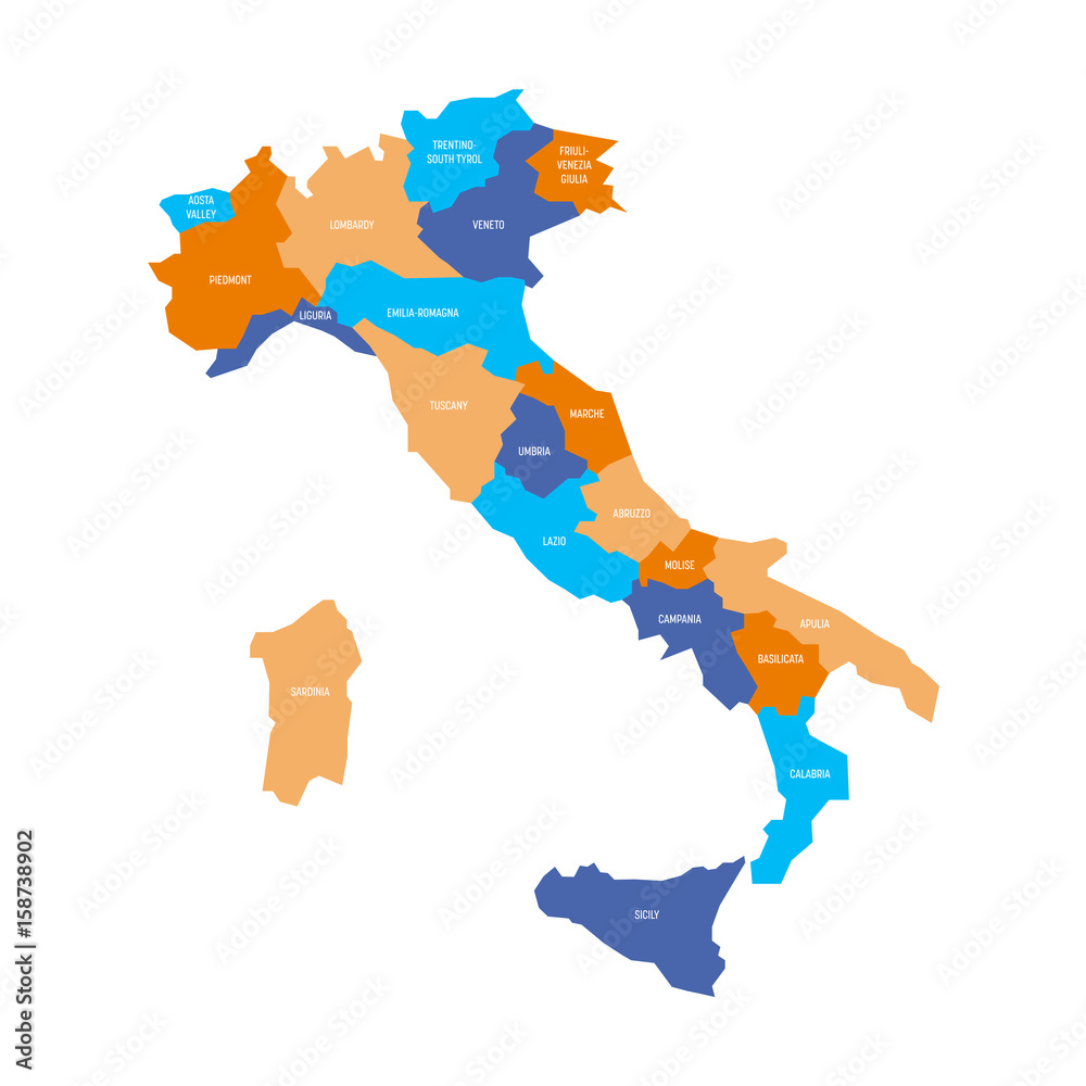 Map of Italy divided into 20 administrative regions in four colors ...