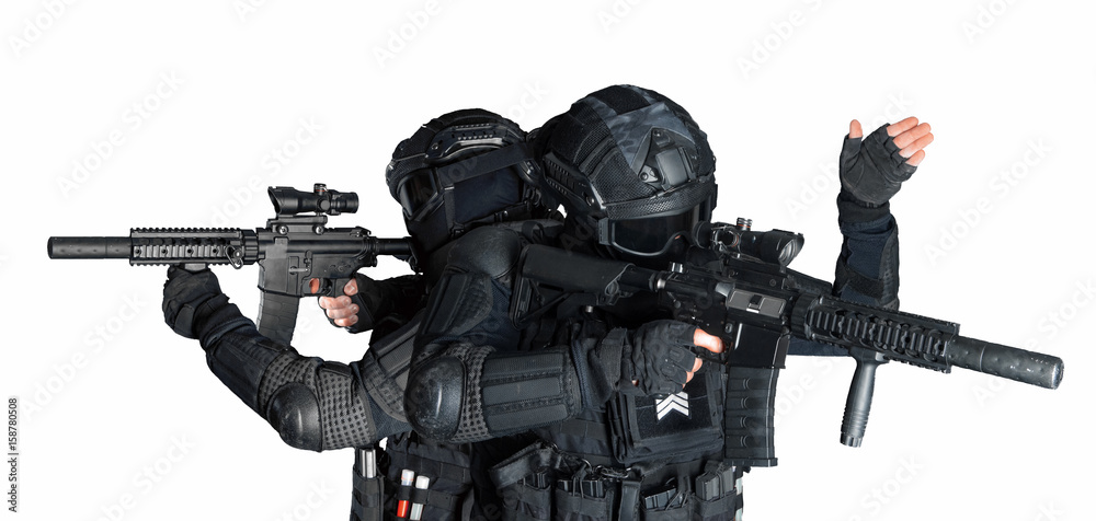 Members of the SWAT squad with an assault rifle in a black uniform on ...