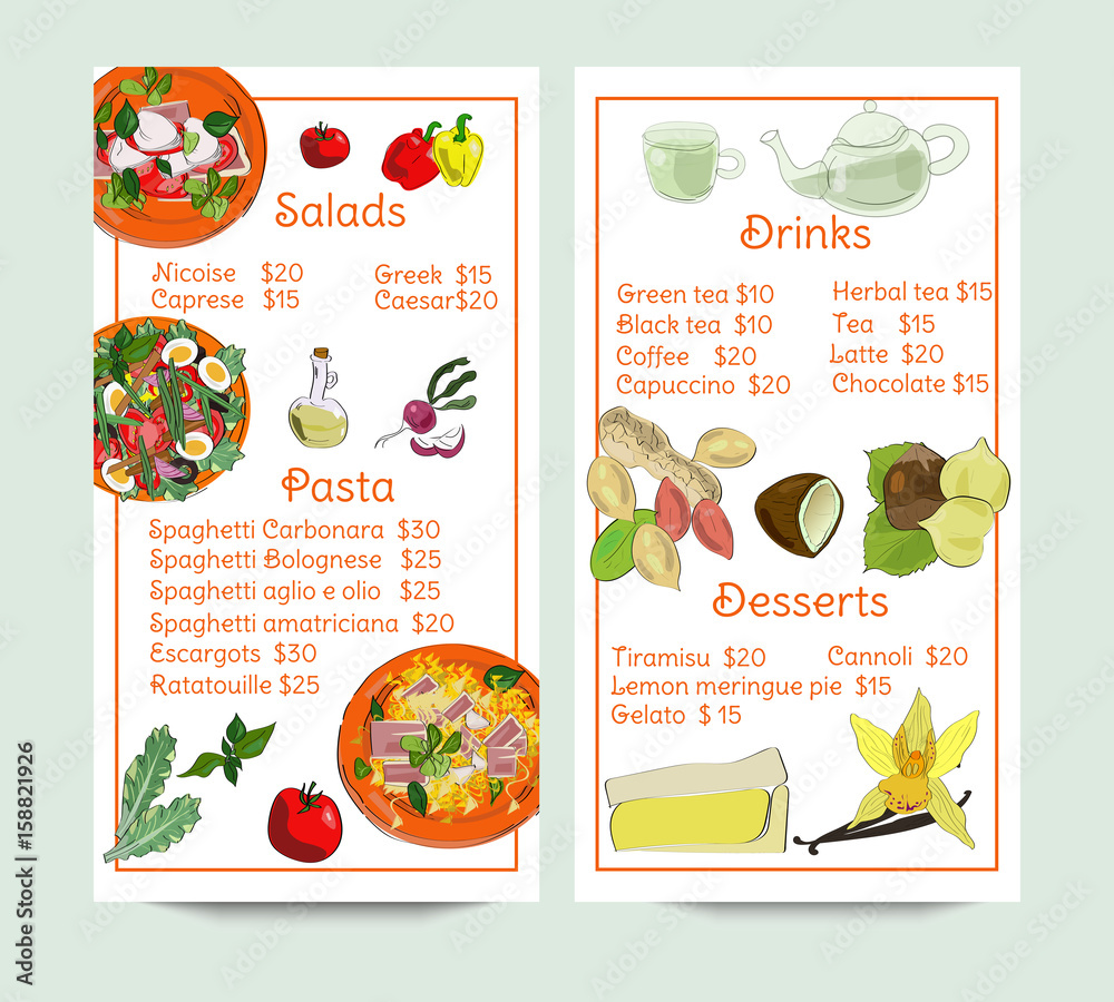 Restaurant menu vertical template. Food menu design. Vector drawn ...