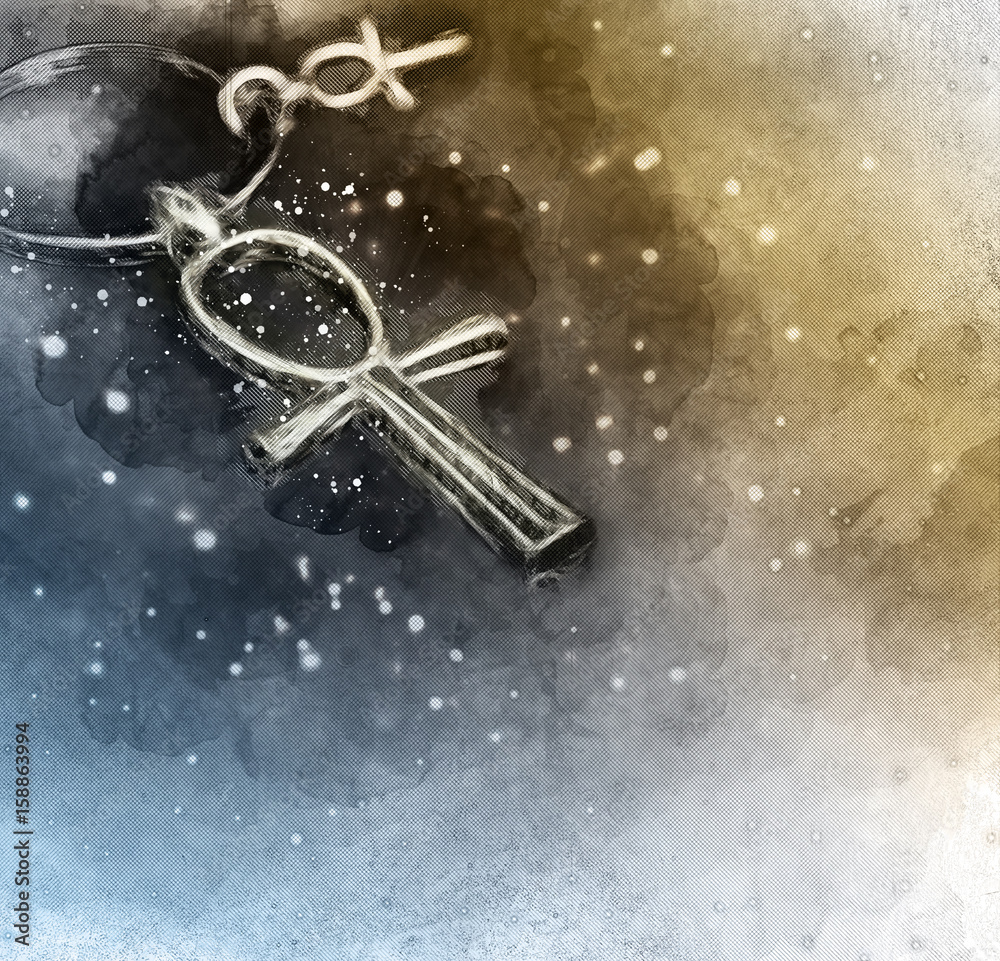 Stylized Egyptian ankh cross on a space background with stars and ...