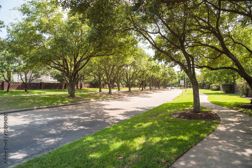 Side view of asphalt road, street in suburban residential area with lot ...