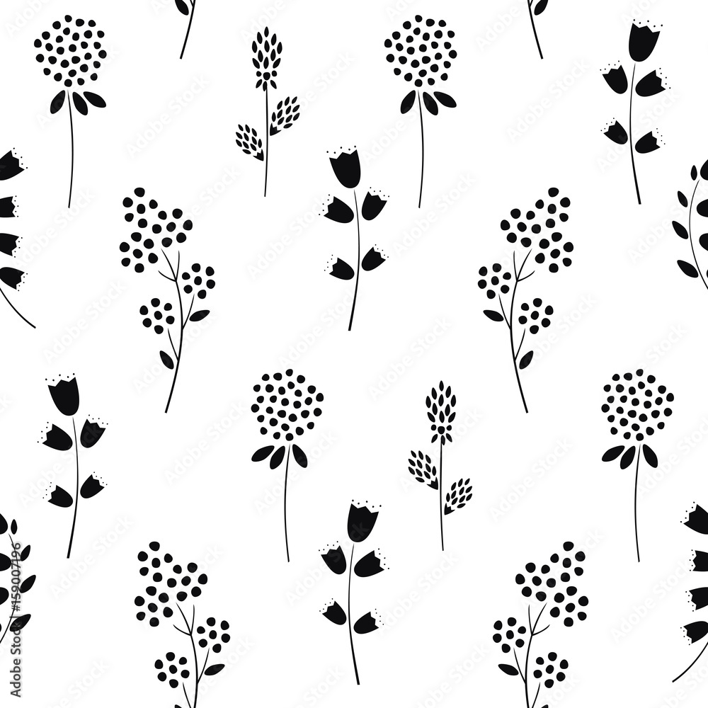 Black and white seamless floral pattern. Cute spring flowers background ...