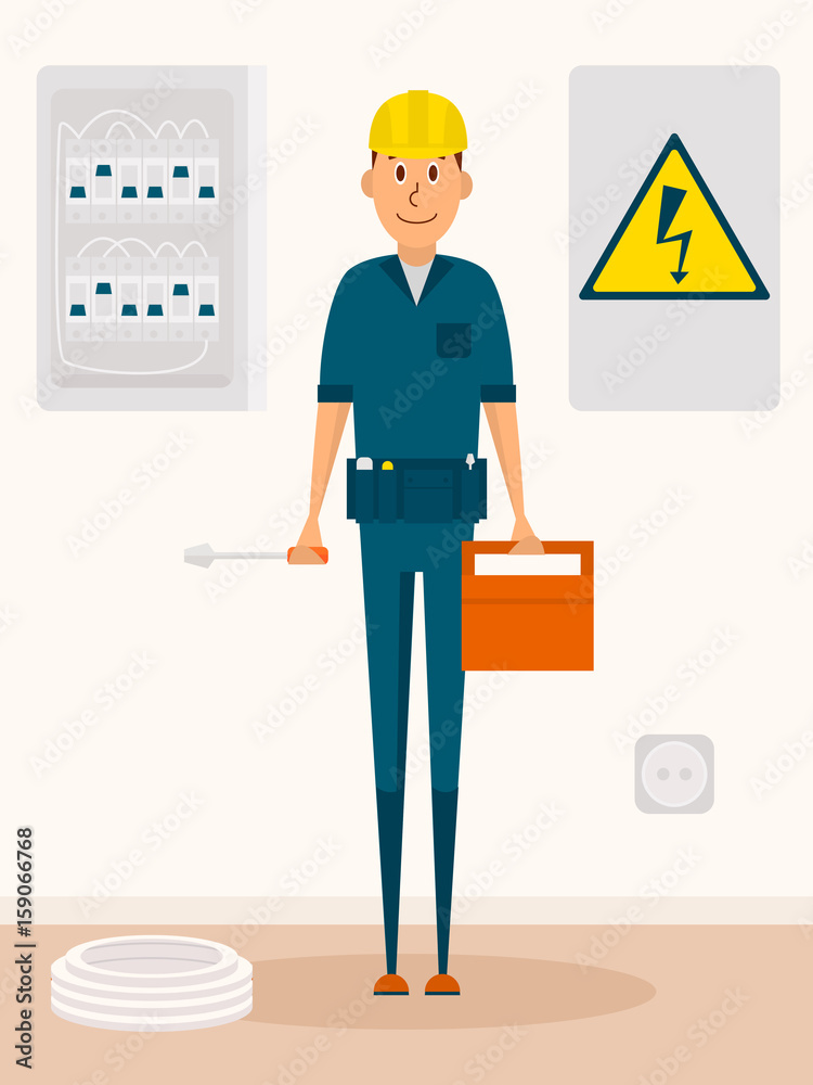 Electrician vector cartoon character. Electric service man with toolbox ...
