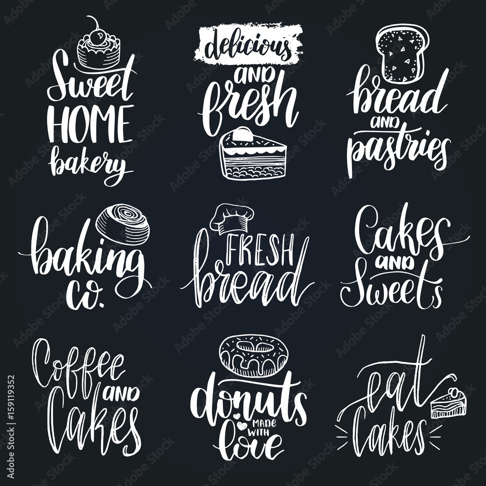 Vector set of vintage bakery hand lettering.Calligraphy collection with ...
