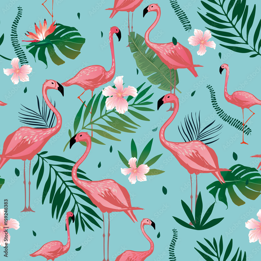 Pink Flamingo seamless pattern with tropical leaves and flowers. Vector ...