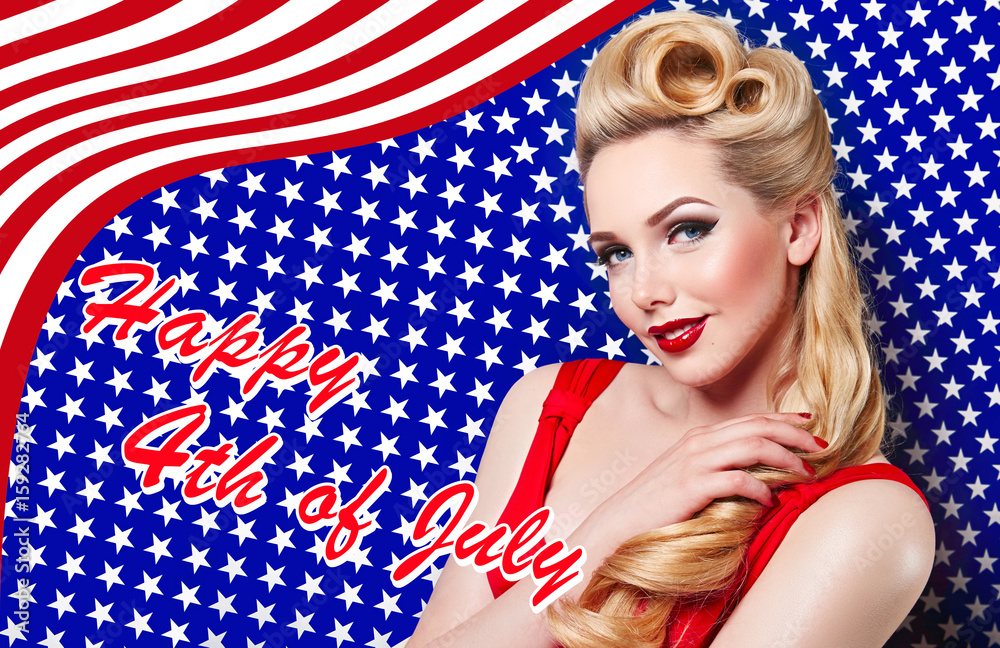 Holiday US Independence Day, the fourth of July. Beautiful young girl ...
